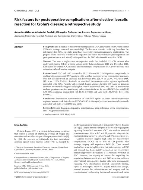 Pdf Risk Factors For Postoperative Complications After Elective Ileocolic Resection For Crohn