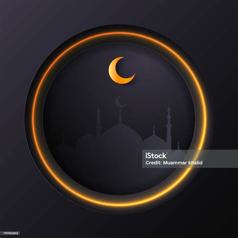 라마단 카림 벡터 인사말 배너 배경 아트 종이 컷 스타일 반짝이는 달과 모스크 풍경에 대 한 이슬람 서클 크리에이 티브 디자인
