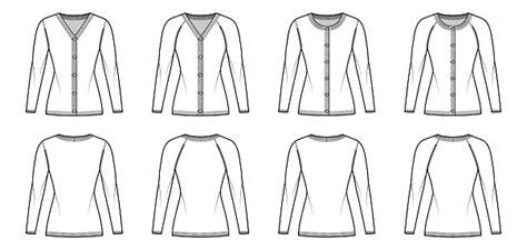리브 크루 V넥 롱 라글란 슬리브 슬림핏 니트 트리밍이 돋보된 카디건 스웨터 테크니컬 패션 일러스트레이션 세트 외형선에 대한 스톡 벡터 아트 및 기타 이미지 Istock