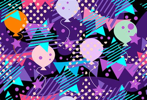 풍선 별 깃발 점 및 추상적 인 기하학적 모양으로 생일 완벽 한 패턴 디자인 기하 도형에 대한 스톡 벡터 아트 및 기타 이미지 기하 도형 드로잉 디자인 Istock