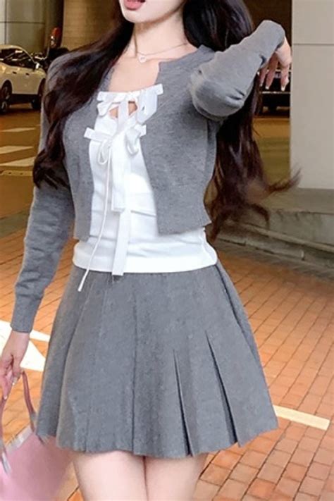 핑크프릴 Set 신디 긴팔 롱슬리브 스트랩 리본 니트 가디건 이너 나시 플리츠 미니 스커트 3p세트