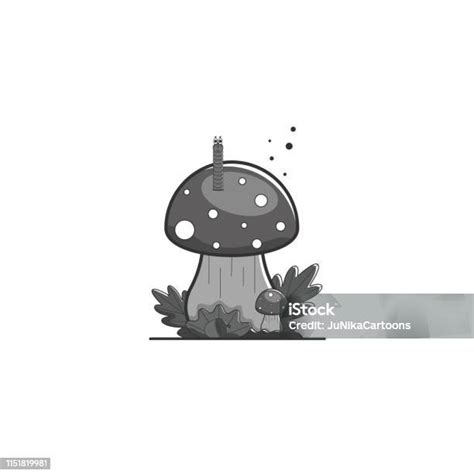 웜 나뭇잎과 도토리와 버섯 아마 니 타 단색 회색 톤의 숲 구성입니다 벡터 일러스트입니다 광대버섯에 대한 스톡 벡터 아트 및 기타 이미지 Istock