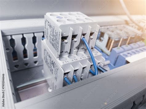 Close Up The Magnetic Contactors Relay On Panel Board Wiring Connection Circuit To Terminals