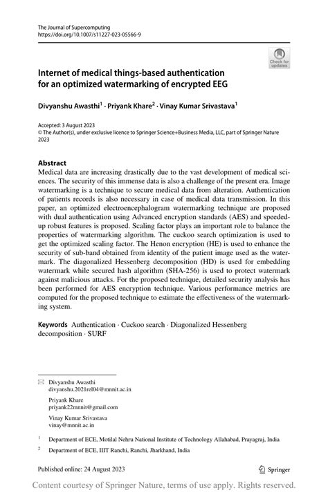 Internet Of Medical Things Based Authentication For An Optimized Watermarking Of Encrypted Eeg