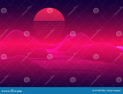 Retro Themed Wireframe Landscape Background Design Stock Vector