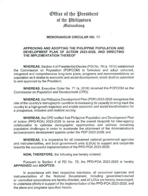 Memorandum Circular No 40 Approving And Adopting The Philippine Population And Development