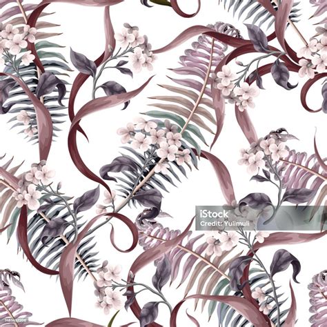 흰 꽃 열매 고사리와 나뭇잎과 원활한 패턴 식물 그림입니다 벡터 공단에 대한 스톡 벡터 아트 및 기타 이미지 공단 관목 그리기 Istock