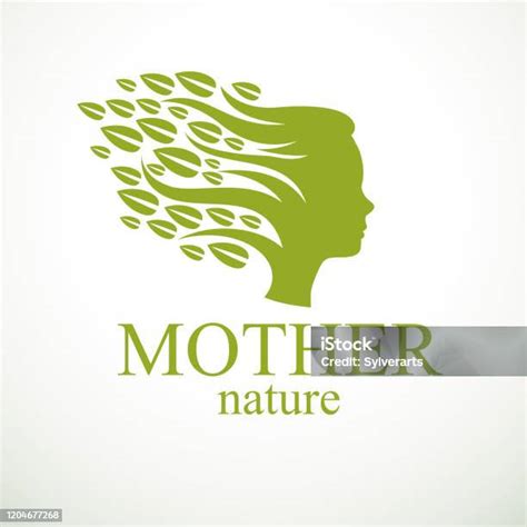 자연 개념 천연 식물의 가지와 잎과 아름다운 소녀 머리 프로필 벡터 로고 또는 아이콘 디자인입니다 영원한 자연 나무 와 숲 심기의 꽃과 성장 개념에 대한 스톡 벡터 아트 및