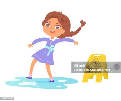 깨끗한 미끄러운 바닥 벡터 일러스트에 미끄러 소녀 만화 작은 문자 걸림돌 물 웅덩이로 공공 장소에서 떨어지는 흰색에 고립 된