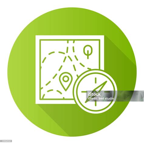 발 오리엔티어링 그린 플랫 디자인 긴 그림자 문일 표시 지형도 및 나침반 익숙하지 않은 지형에서 탐색 내비게이션 장비 하이킹 추적 벡터 실루엣 일러스트레이션 개념에 대한