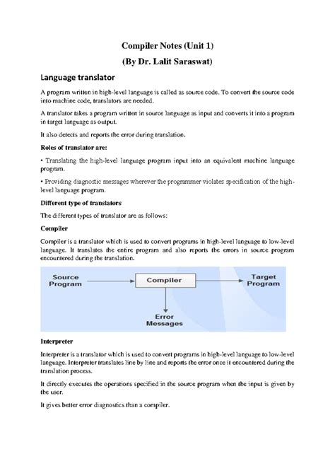 Compiler Design Notes For Study Compiler Notes Unit 1 By Dr
