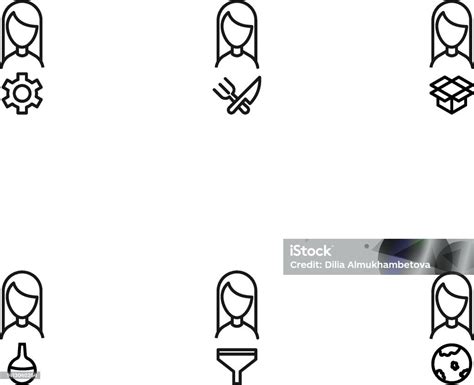 광고 상점 상점 앱에 적합한 단색 표지판이있는 라인 아이콘 세트 기어 포크 나이프 오픈 박스 실험실 전구 깔때기 얼굴이없는 여자에 의한 행성 경영자에 대한 스톡 벡터 아트