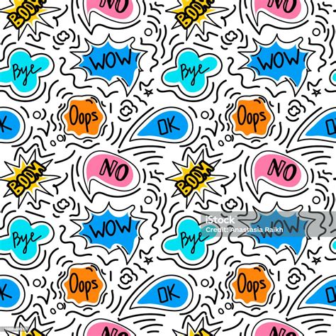 대화 단어 손으로 그린 낙서 스타일의 요소와 음성 거품의 원활한 패턴 붐 죄송합니다 아니 좋아 와우 벡터 그림입니다 Brand Name Online Messaging