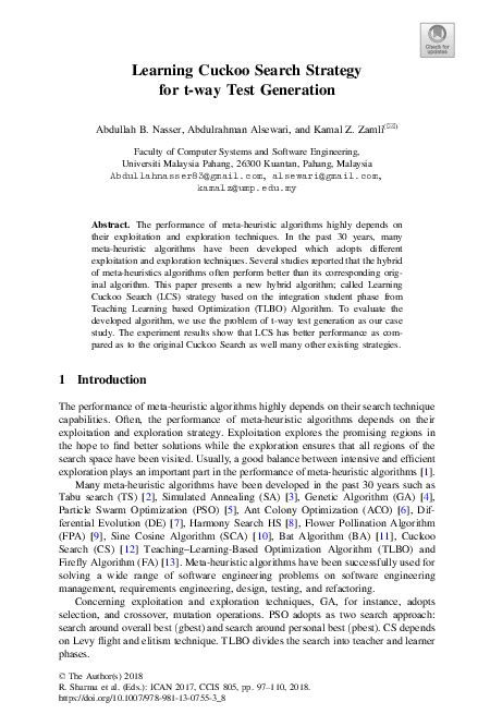 Pdf Learning Cuckoo Search Strategy For T Way Test Generation