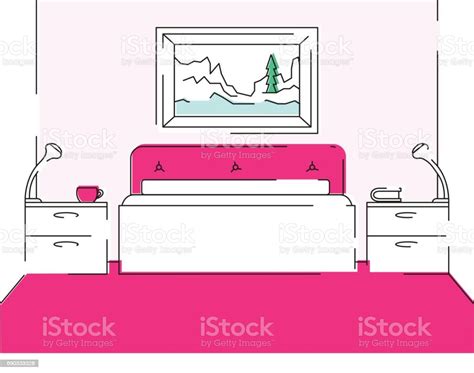 인테리어의 선형 밑그림입니다 침대 침대 옆 테이블 침실의 일부 색된 요소와 선형 인테리어입니다 벡터 일러스트입니다 3차원 형태에 대한 스톡 벡터 아트 및 기타 이미지