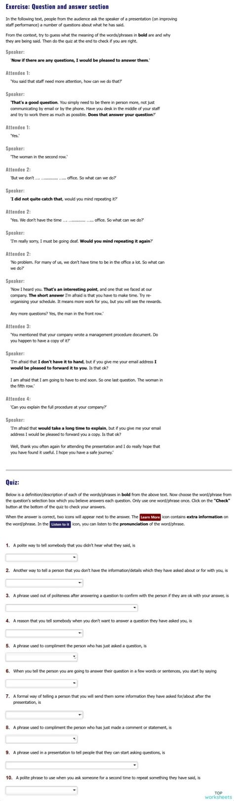 Exercise Question And Answer Questions In A Presentation Interactive Worksheet Topworksheets
