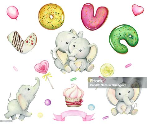 귀여운 코끼리 풍선 도넛 선물 리본 발렌타인 데이를 위한 수채화 세트 고립된 배경 인사말 카드 초대장 어린이 직물 인쇄용 개체 그룹에 대한 스톡 벡터 아트 및 기타 이미지