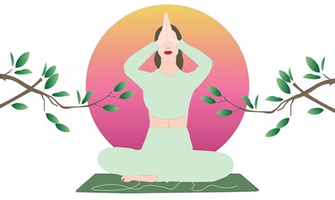 태양 과 가지 를 가진 요가 포즈 의 여자 프리미엄 벡터
