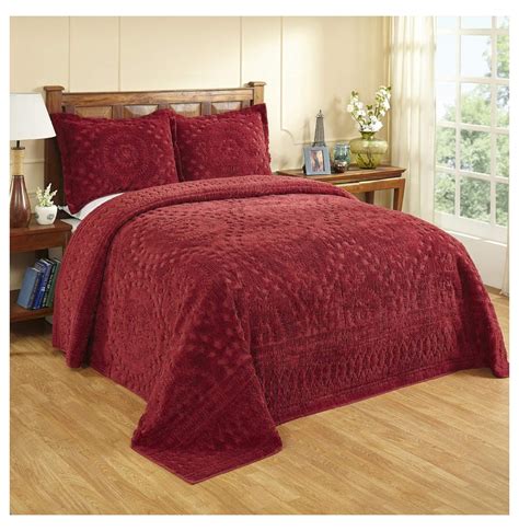 100 Cotton Chenille Bedspreads Queen Size Rio Collection Floral Design Bed Cover In Burgundy