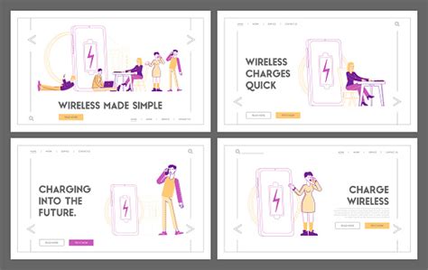 가난한 수준의 배터리 충전 방문 페이지 템플릿 세트 문자 충전 장치 휴대 전화 및 가젯 사람들은 스마트 폰과 태블릿 낮은 수준의