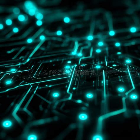 Glowing Circuit Board With Green Neon Lines And Dots In Network Pattern