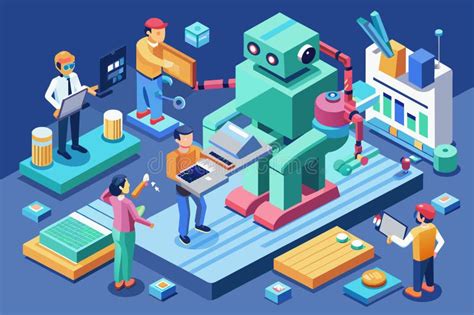 A Group Of Individuals Standing Around A Customizable Isometric Robot Machine Discussing And
