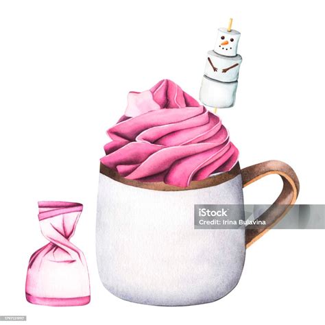 휘핑 크림과 크리스마스 마시멜로 눈사람 초콜릿 사탕을 곁들인 뜨거운 음료 초콜릿 컵 수채화 일러스트 커피 머그잔 귀여운 디자인입니다 겨울 시즌 따뜻한 코코아 바 메뉴 거품