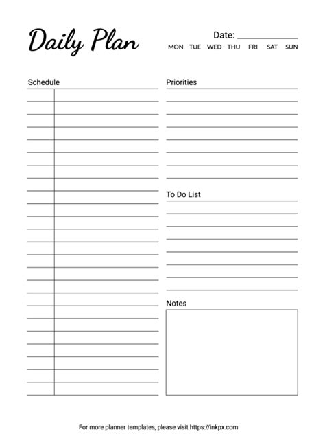 Printable Blank Line Style Daily Planner Without Time Label · Inkpx
