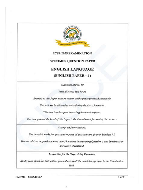 specimen question paper for the icse year 2025 examination english language pdf