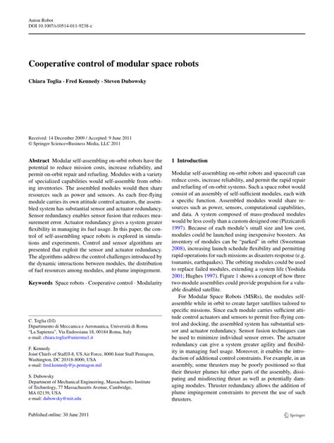 Pdf Cooperative Control Of Modular Space Robots