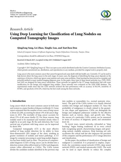 Research Article Using Deep Learning For Classification Of Lung
