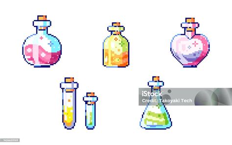 Pixel Art 8bit Potions Set 8 Bit Retro Game Style Elixirs In Glass Bottles 90s Assets Stickers