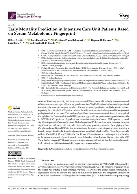 Pdf Early Mortality Prediction In Intensive Care Unit Patients Based On Serum Metabolomic