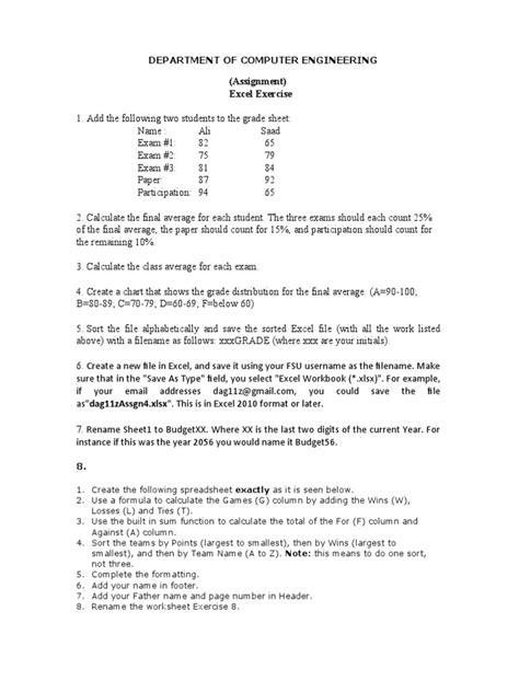 department of computer engineering assignment excel exercise
