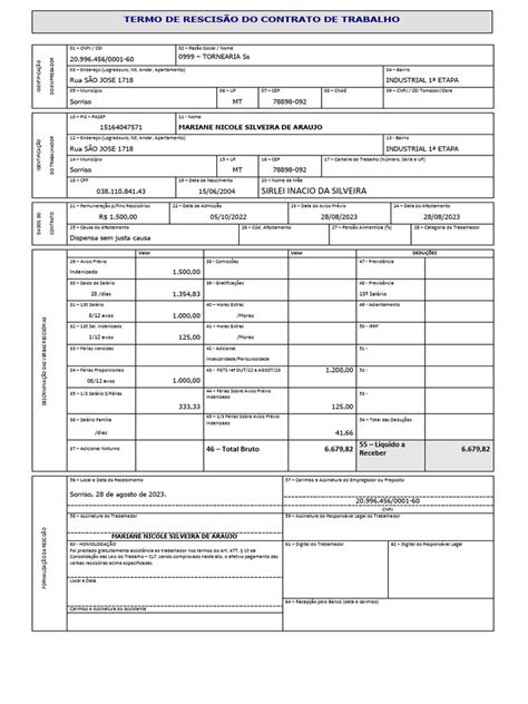 Termo De Rescisão Do Contrato De Trabalho Mariane Nicole Silveira De
