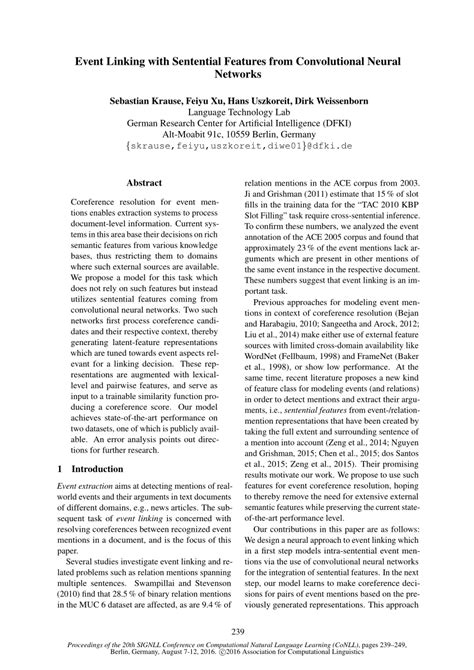 Pdf Event Linking With Sentential Features From Convolutional Neural Networks