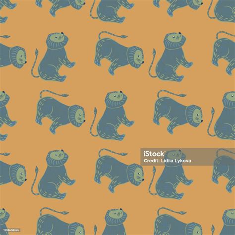 귀여운 아이들은 손으로 그린 파란색 사자 장식과 매끄러운 패턴 베이지 색 배경 창조적 인 배경 0명에 대한 스톡 벡터 아트 및