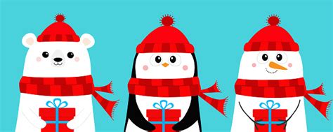 흰색 북극곰 눈사람 선물 상자를 들고 하는 펭귄 빨간 모자 스카프입니다 귀여운 만화 아기 문자 집합입니다 새해 복 많이 받으세요