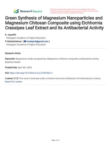 Pdf Green Synthesis Of Magnesium Nanoparticles And Magnesium Chitosan Composite Using