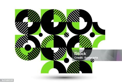 기하학적 추상 미술 원과 다른 모양의 타일이 있는 벡터 기하학적 배경 줄무늬 질감 모더니즘 스타일 선형 모티프 창의적인 디자인 0명에 대한 스톡 벡터 아트 및 기타 이미지