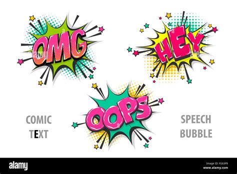 hey, omg, oops pop art style set hand drawn sound effects template comics book text speech ...