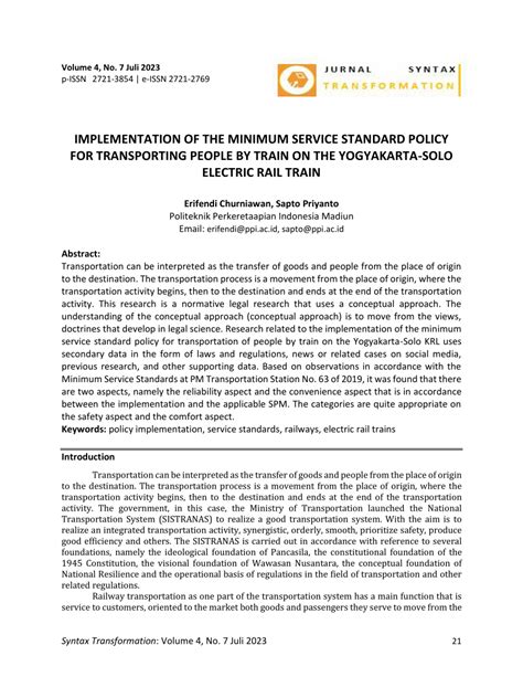 Pdf Implementation Of The Minimum Service Standard Policy For Transportation Of People By