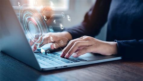Hands Typing On Laptop Keyboard With Digital Icons Overlaying It Stock Illustration