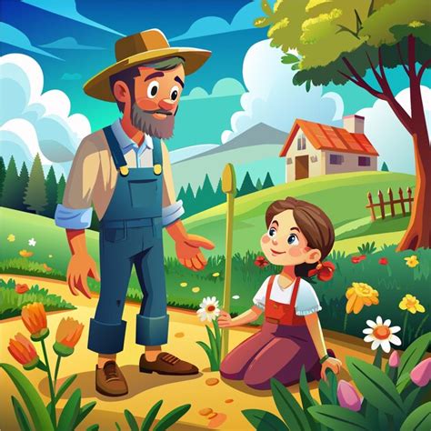 мультфильм с иллюстрацией фермера и девушки с бородой | Премиум векторы