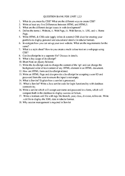 Questionbank WT QUESTION BANK FOR UNIT What Do You Mean By CSS What Are The Different