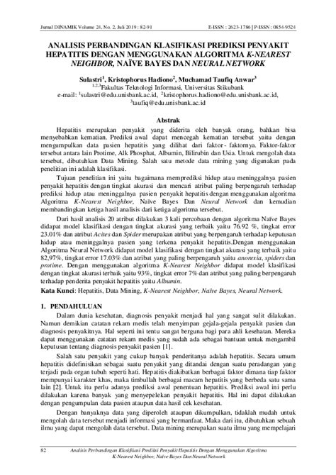 Pdf Analisis Perbandingan Klasifikasi Prediksi Penyakit Hepatitis Dengan Menggunakan Algoritma