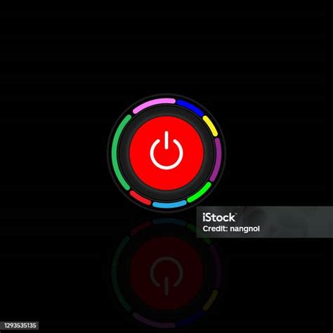 오프 푸시 스타일 전원 버튼에서 On Off 버튼은 빨간색 원의 흰색 아이콘과 네온 멀티 컬러와 검은 색 배경의 그림자가있는 검은 색 둥근 버튼으로 둘러싸여 있습니다 권위에