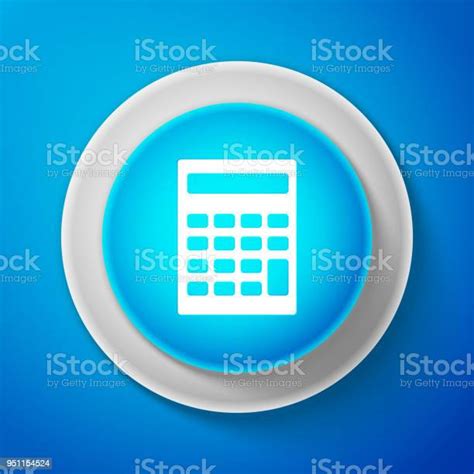 화이트 계산기 아이콘 파란색 배경에 고립입니다 회계 기호입니다 비즈니스 계산 수학 교육 및 금융입니다 화이트 라인 블루 원형 버튼입니다 벡터 일러스트 레이 션 0명에 대한