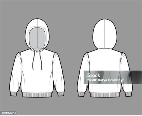 팔꿈치 소매 릴렉스 바디 니트 리브 커프 줄무늬 옷자락 드로스트링이 있는 후드 스웨트셔츠 테크니컬 패션 일러스트 0명에 대한 스톡 벡터 아트 및 기타 이미지 Istock