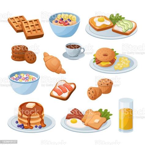 만화 아침 식사 아침 음료와 음식 주스가 가득 찬 커피 또는 유리 한 잔 낙서 샌드위치 베이컨과 달걀 또는 과일과 오트밀 빵과